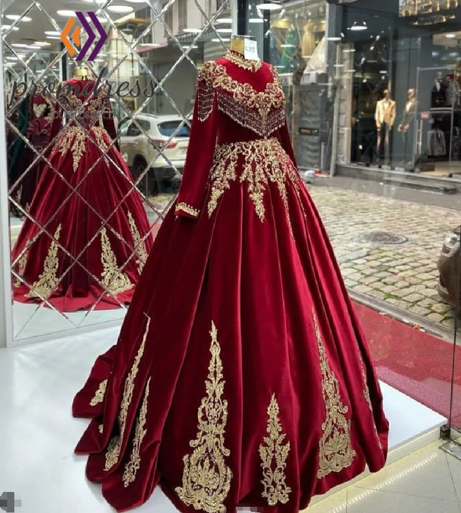 Luxury Red Moroccan Turkish Evening Dress With Gold Appliques Long ...