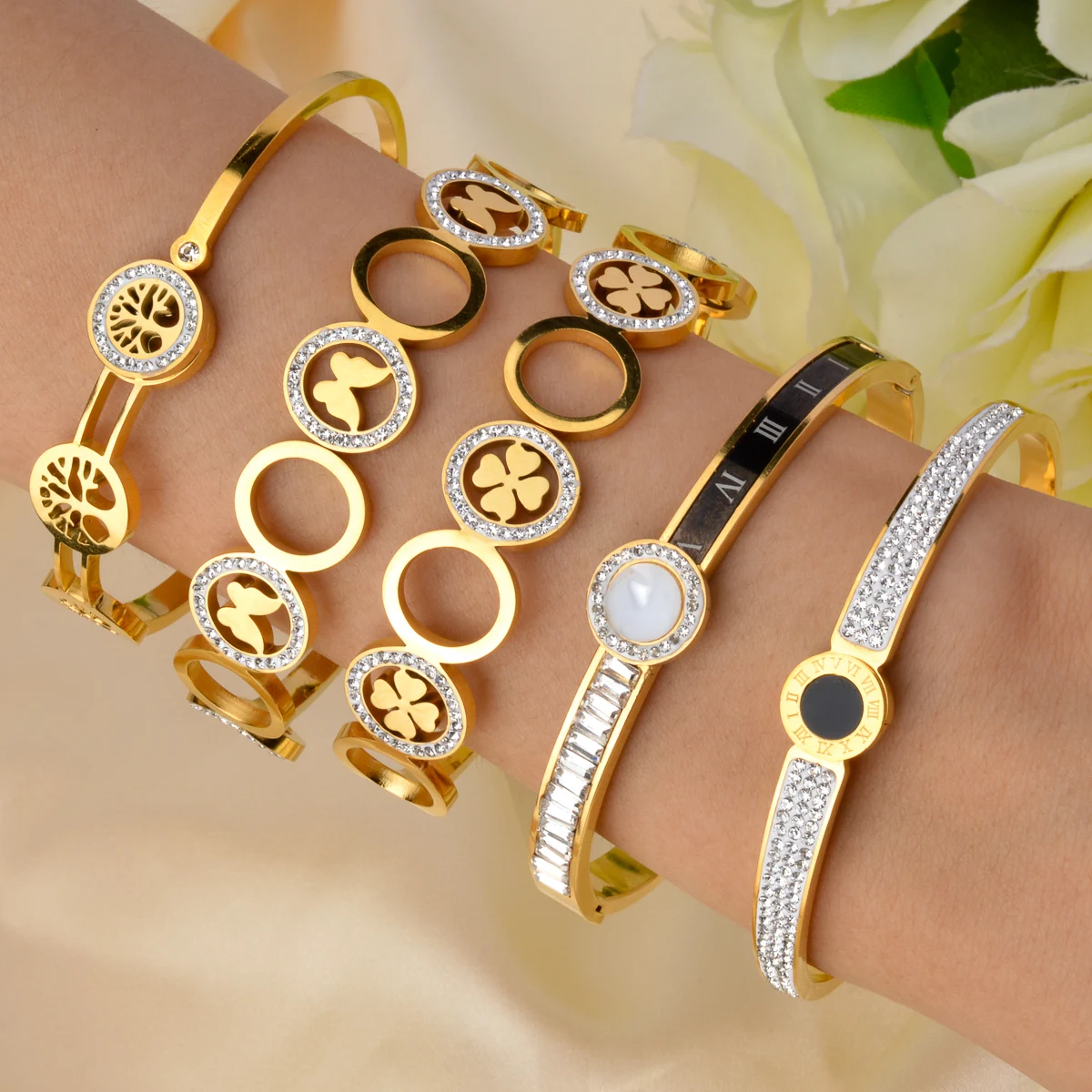 Stainless-Steel-Hand-Bracelet-for-Women-Zircon-Lock-Nail-Bangle-Luxury ...