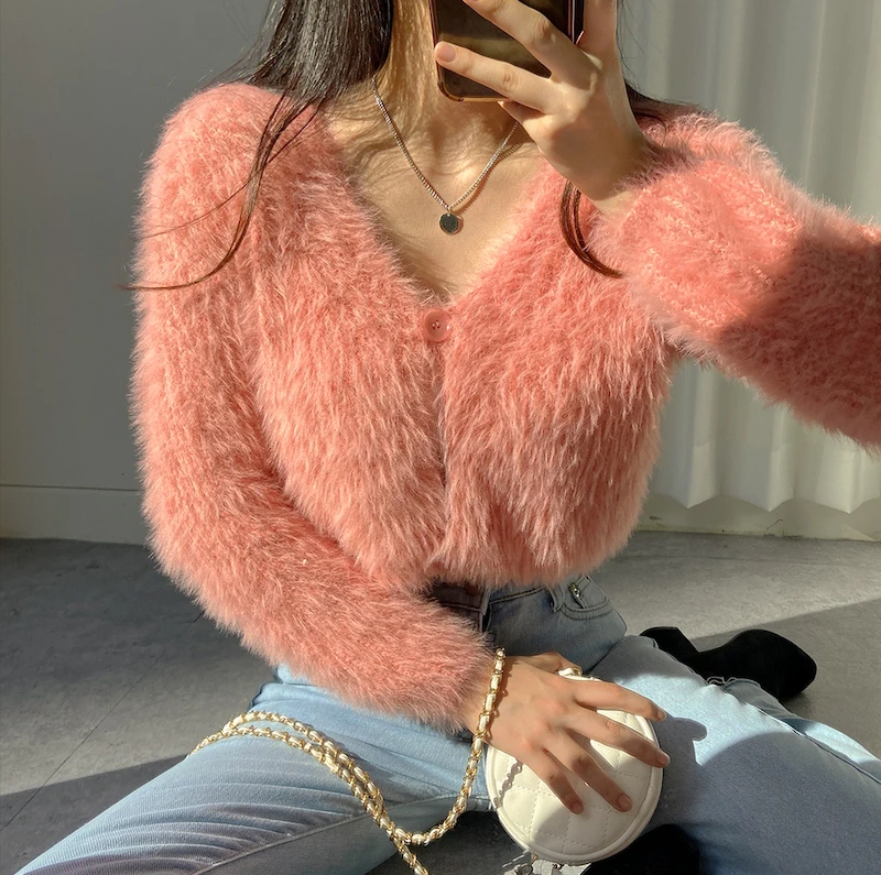 Autumn Winter New Sweet Chic Short Cardigan V-neck Soft Fluffy Sweater ...