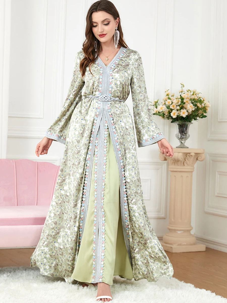 Abayas Women Muslim Dress Two Pieces Sets Floral Morocco Party Dresses ...
