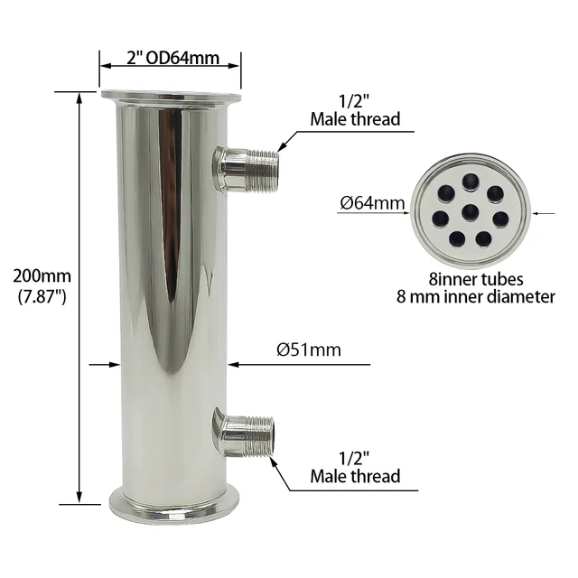 Dephlegmator 2" 51mm(OD64mm)304Stainless Steel Reflux Condenser Height ...