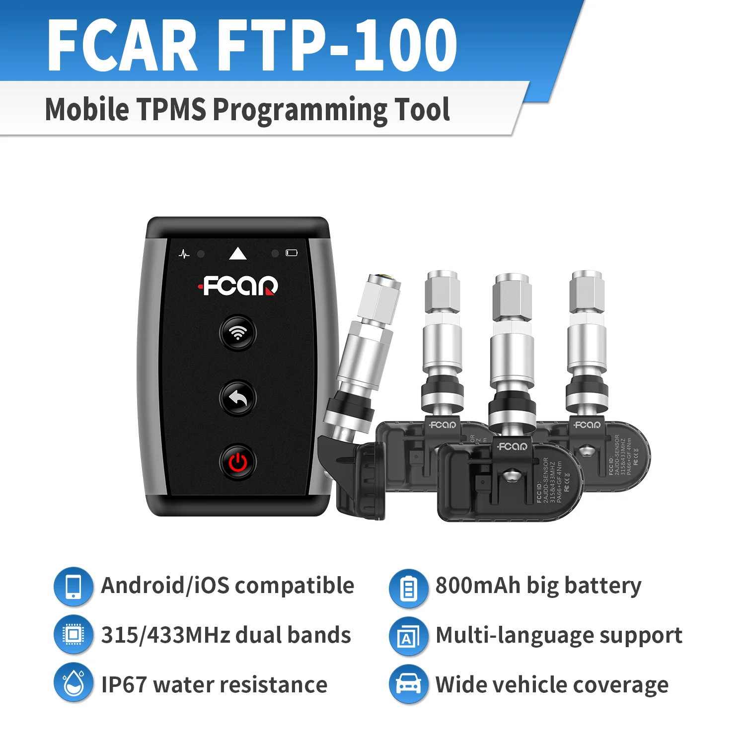 Fcar FTP-100 TPMS Tire Pressure Sensor Kit 315MHz and 433MHz Dual Bands ...