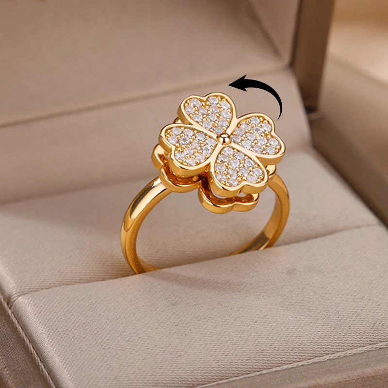 Spinner-Zircon-Heart-Four-Leaf-Clover-Rings-For-Women-Stainless-Steel-Anti-Stress-Anxiety-Fidget ...