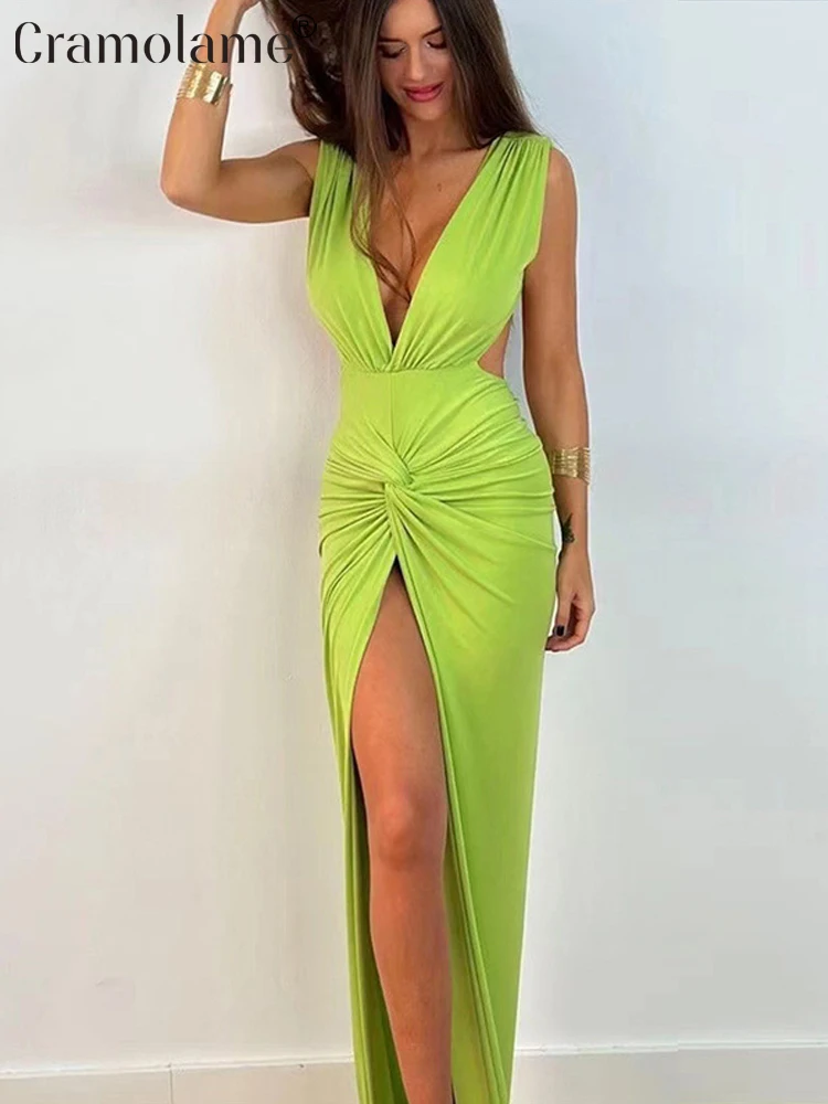 Elegant Sleeveless Slit Backless Ruched Bodycon Midi Dress Women Sexy ...