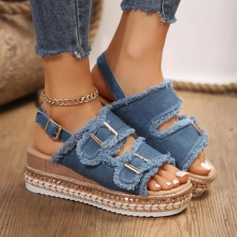 Women-Chunky-Platform-Wedges-Sandals-Female-Summer-Blue-Denim-Beach ...