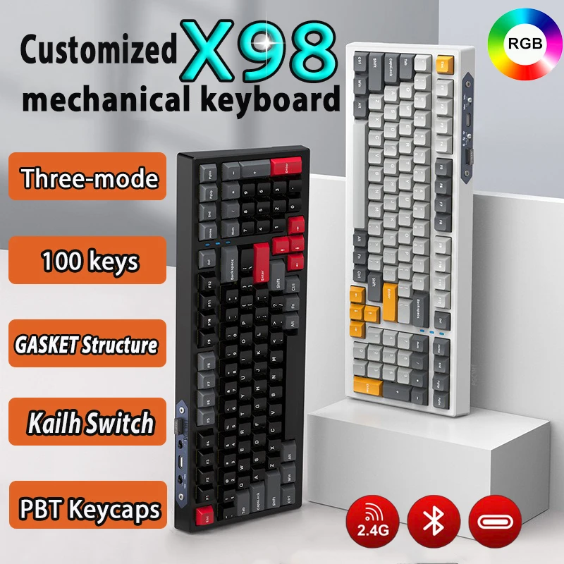 X98 RGB Wireless Mechanical Keyboard 100 Keys 2.4G/BT5.0 Type C Wired ...