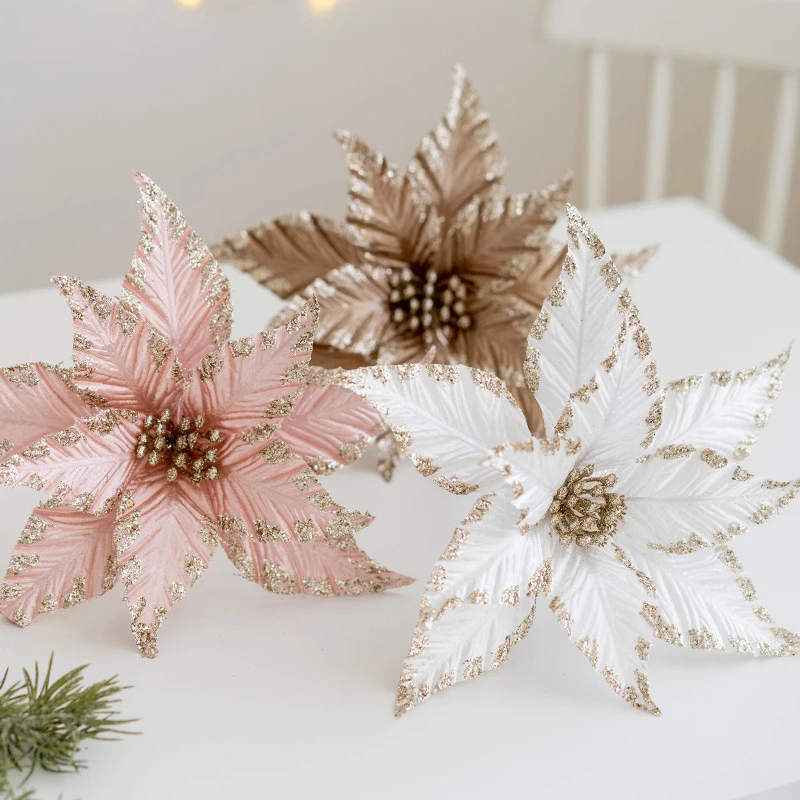 Christmas-Tree-Flowers-Glitter-Artifical-Flowers-Fake-Cloth-Flower-Xmas ...