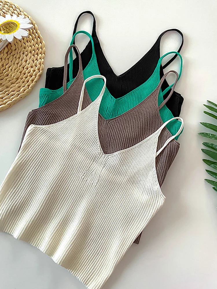 Heliar Women Spaghetti Strap Crop Top Female V-Neck Knitted Camisoles ...