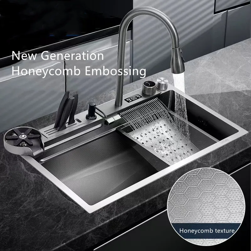 Waterfall-Kitchen-Sink-Honeycomb-Embossed-Stainless-Steel-Sink-304 ...