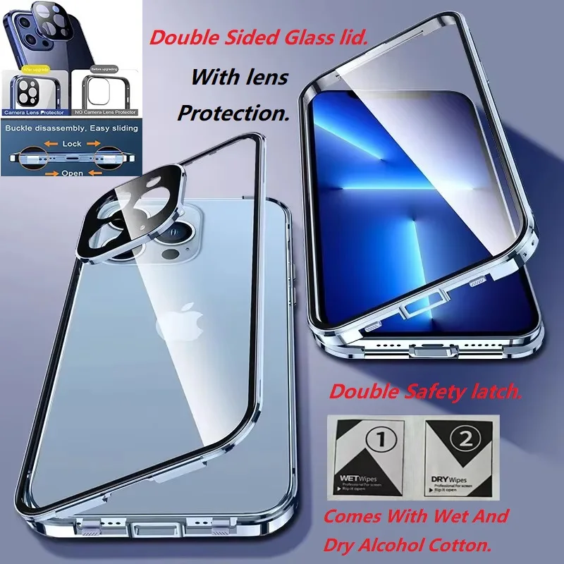 360° Metal Magnetic Double sided Glass Cover for iPhone 17 15 16 Pro ...