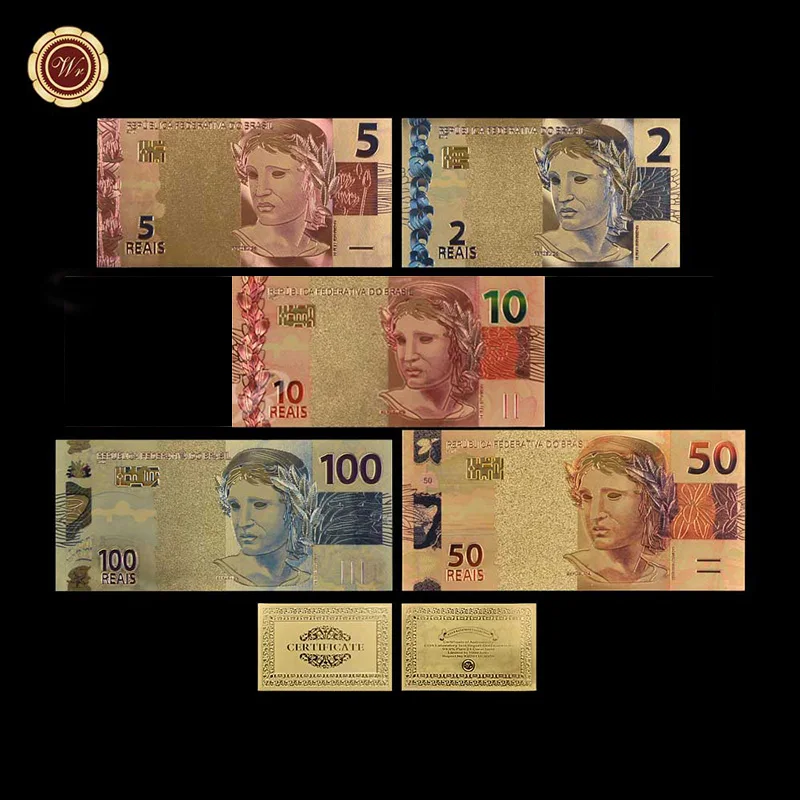 5Pcs/set Banknote Brazil Gold Banknote 2,5,10,50,100 Real Set Fake ...