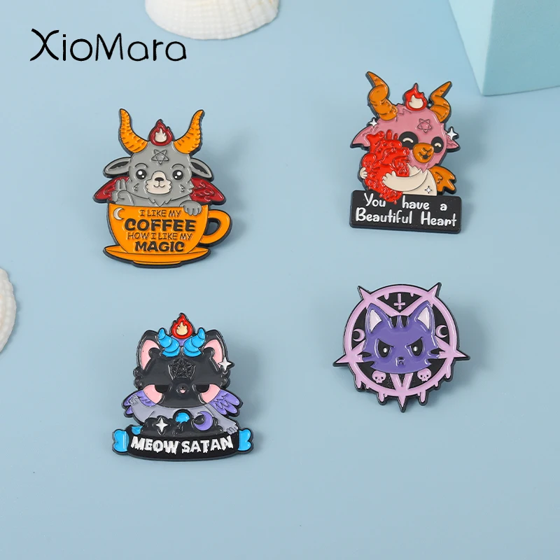 Punk Goth Animal Demon Enamel Pins Meow Satan Goat Witch Brooches ...