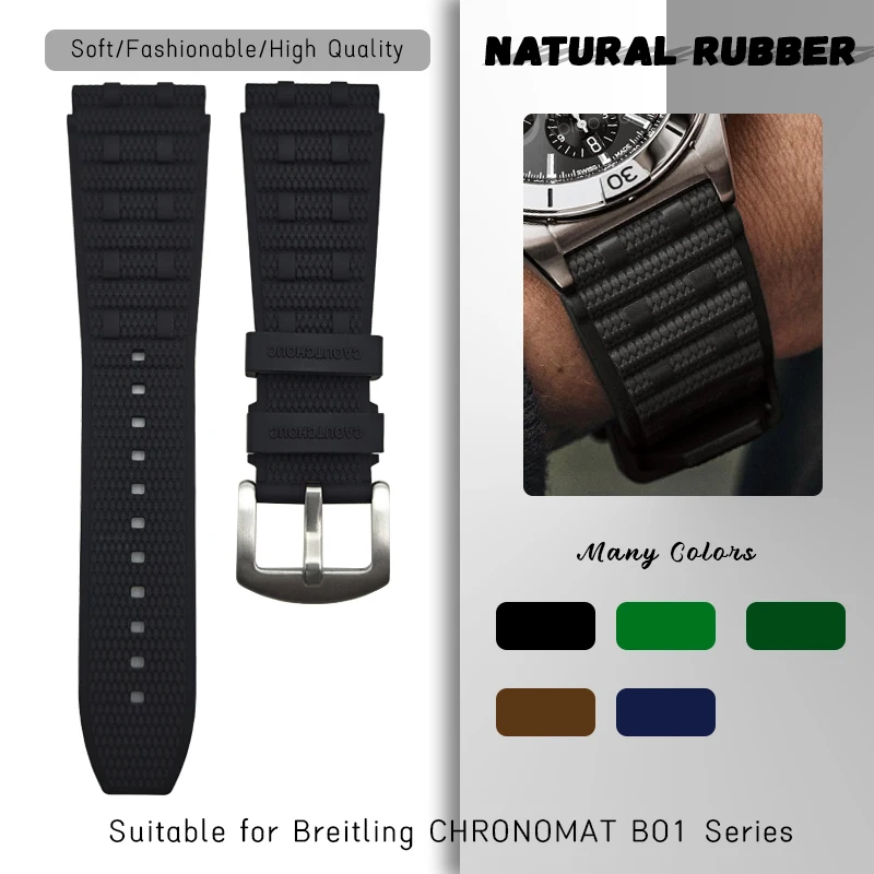 24mm Natural Bubber Watch Strap for Breitling Chronomat B01 Black Green ...