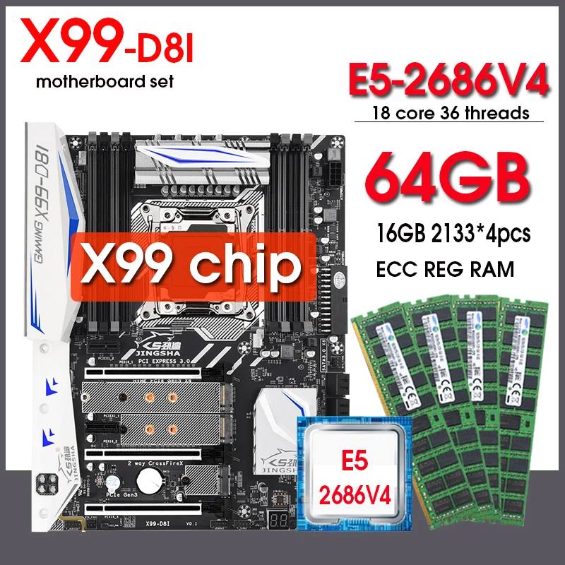 JINGSHA KIT de placa base X99 D8I, LGA2011 3 con procesador xeon E5 2686 V4 cpu 64GB (4x16gb ...