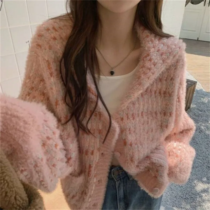 Knitted-sweater-sweet-mohair-pink-sweater-women-s-coat-autumn-and ...