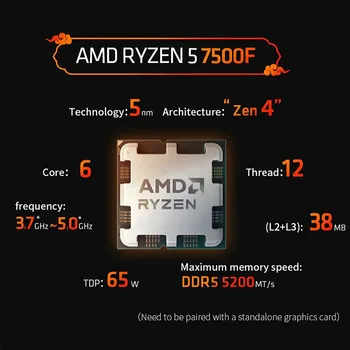 AMD 라이젠 5 7500F R5 7500F, 3.7GHz, 6 코어 12 스레드 CPU 프로세서, 5NM L3 = 32M 100 000000597 소켓 AM5, 쿨러 없음 ...
