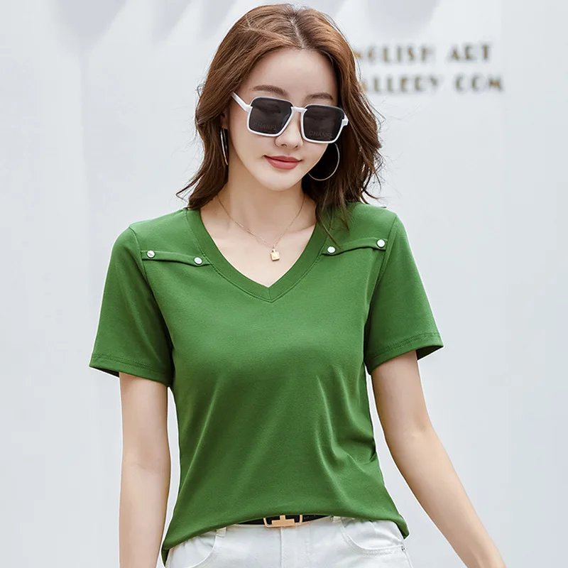 New-T-Shrt-For-Women-Short-Sleeve-Tee-V-neck-Summer-Tops-Rivet-Casual ...
