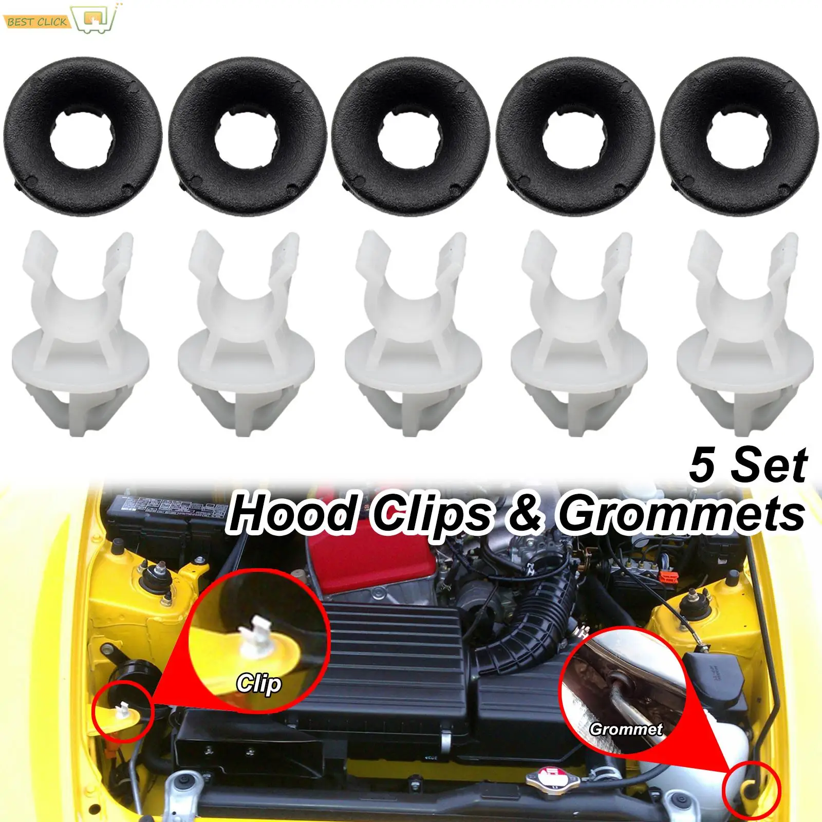 5-Set-Bonnet-Rod-Hood-Stay-Prop-Support-Clip-Grommet-Clamp-For-Honda ...