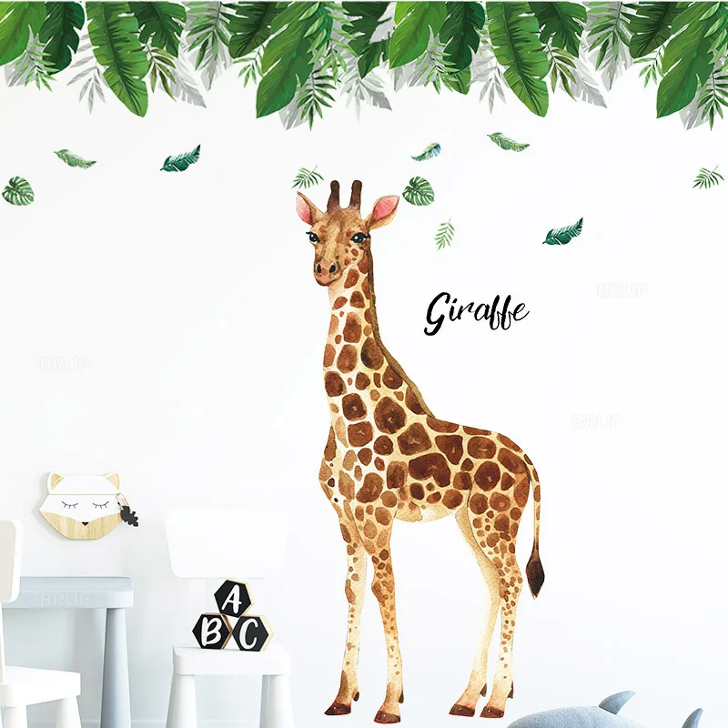 Giraffe Wall Stickers Bedroom | Wall Stickers Green Leaves | Giraffe ...
