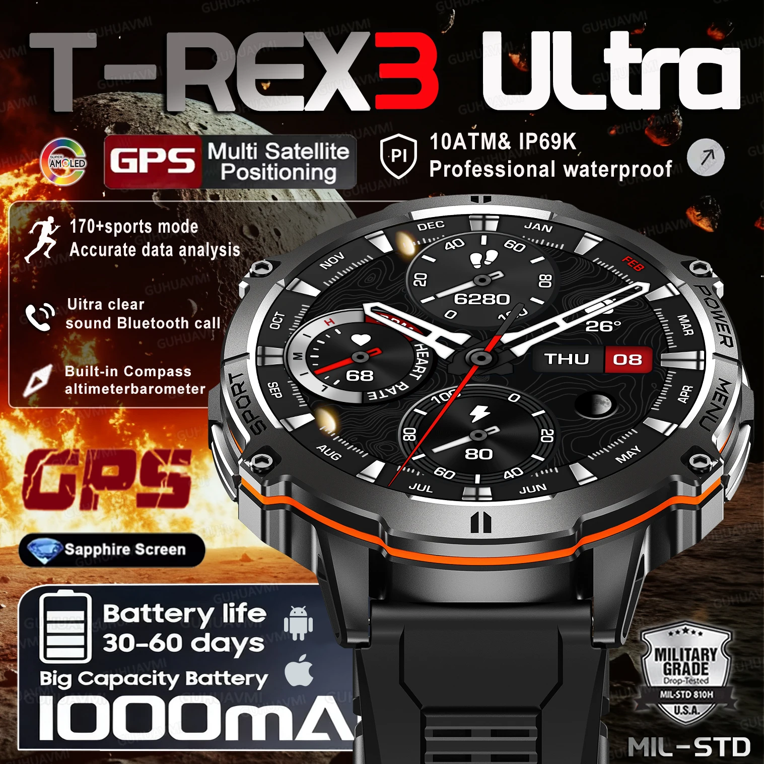 2025 HOT New T-REX3 SmartWatch 1000mAh Large Battery Durable Compass ...