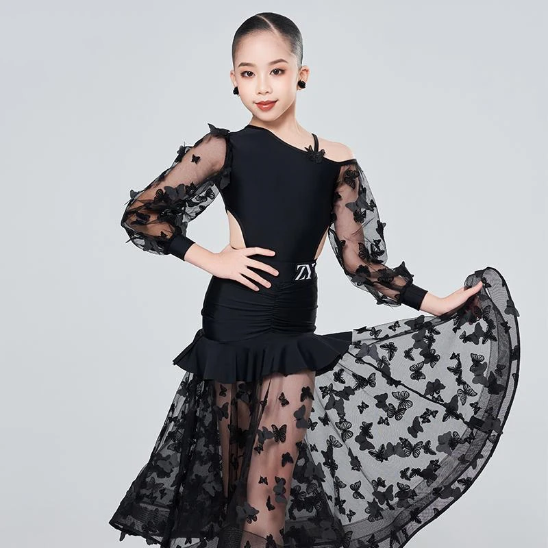 Butterfly Mesh Ballroom Dance Clothes Girls Performance Costume Tops ...