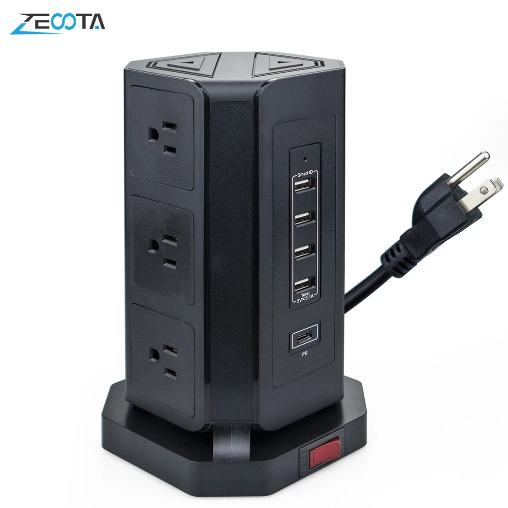 Vertical Power Strip Tower Multi Universal Outlets 9 Way Us Plug ...