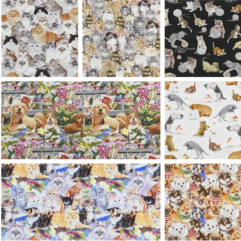 Plain 100% Cotton Fabric with Cute Cartoon Cat Print, Handmade DIY Bag ...