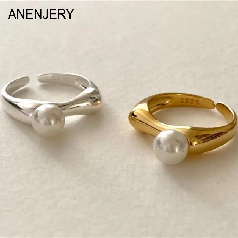 ANENJERY-Pearl-Glossy-Open-Ring-for-Women-French-Exquisite-Goden-Silver ...