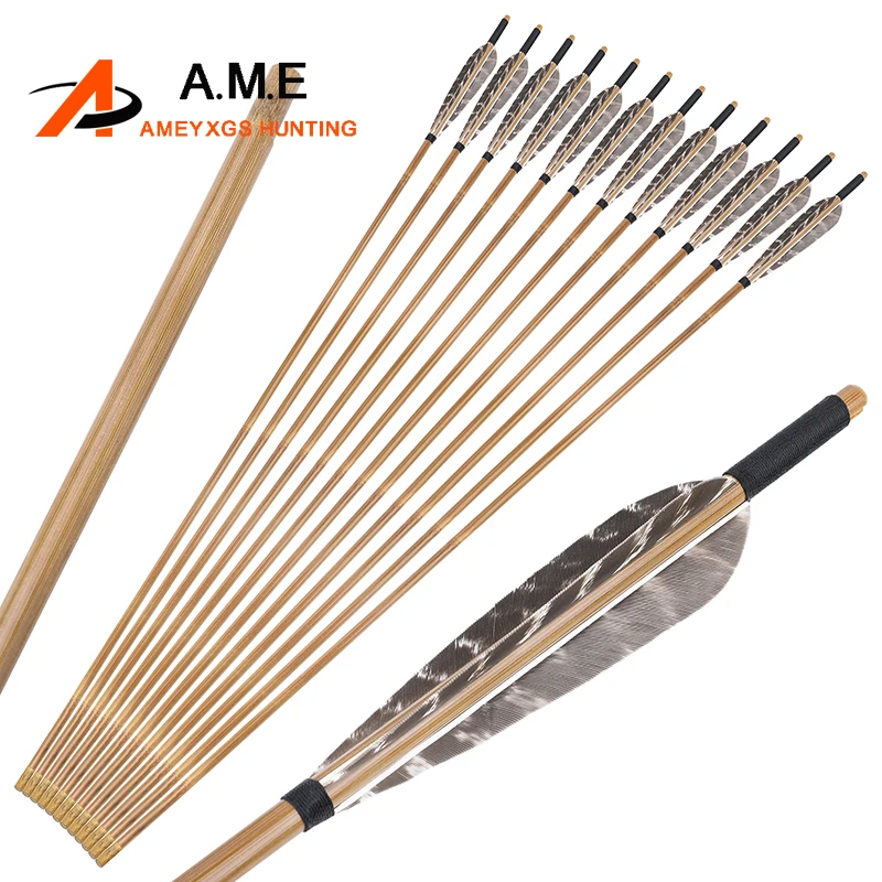 33.5" 6/12pcs Bamboo Arrows Archery 5" Turkey Feather OD 8mm Arrow ...