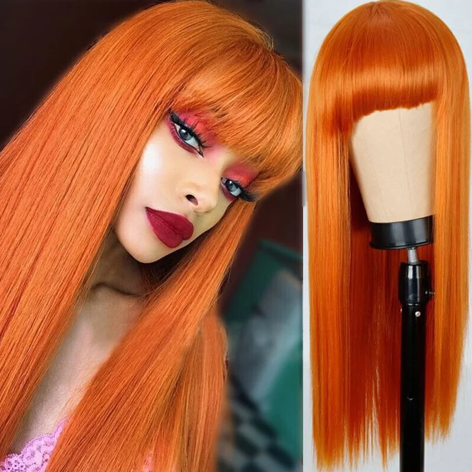 Peruvian Hair Ginger Orange Straight Human Hair Wigs With Bangs Full ...
