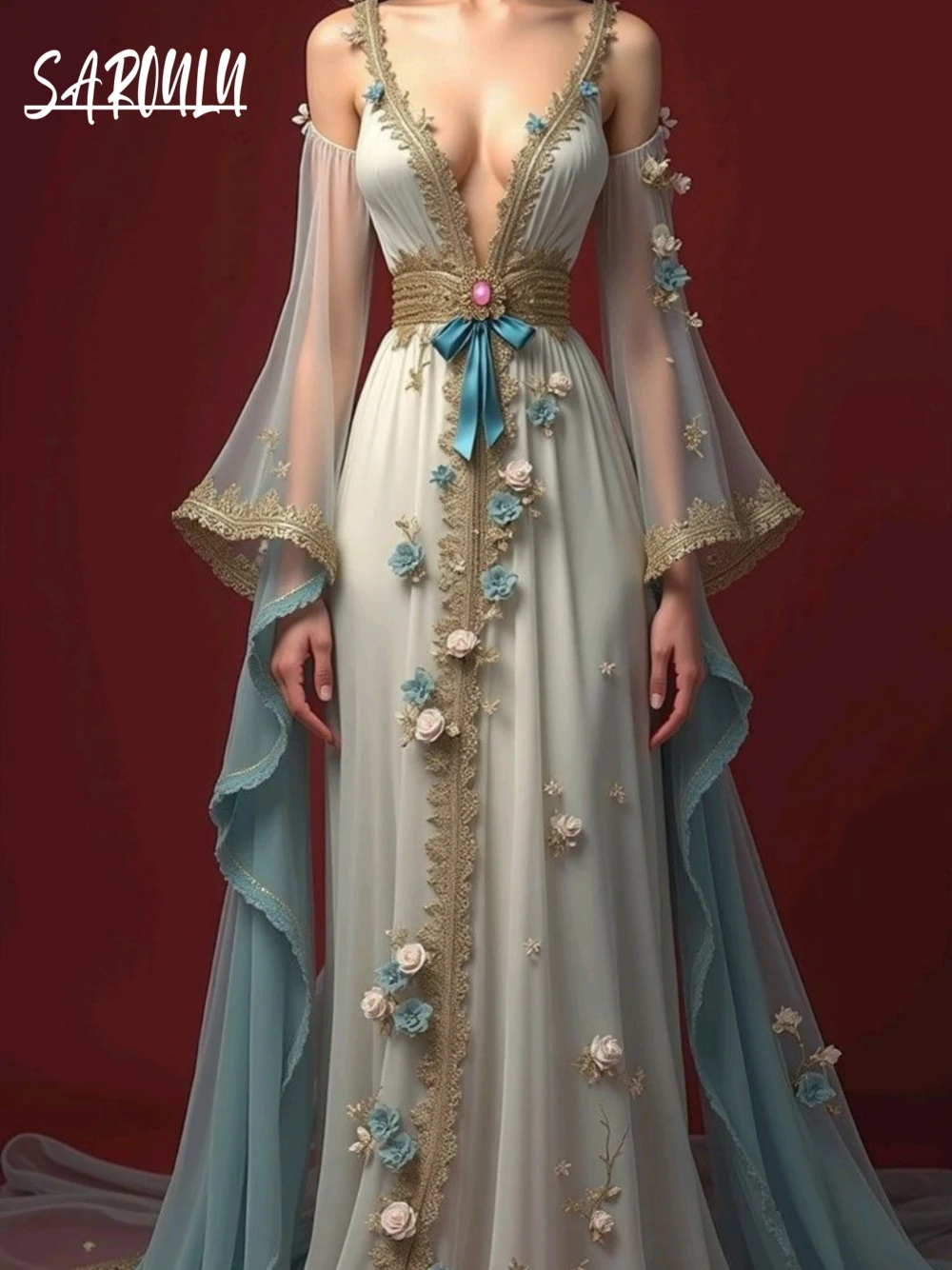 Dreamy V Neck Evening Dress Romantic Blooms Off the Shoulder A Line ...