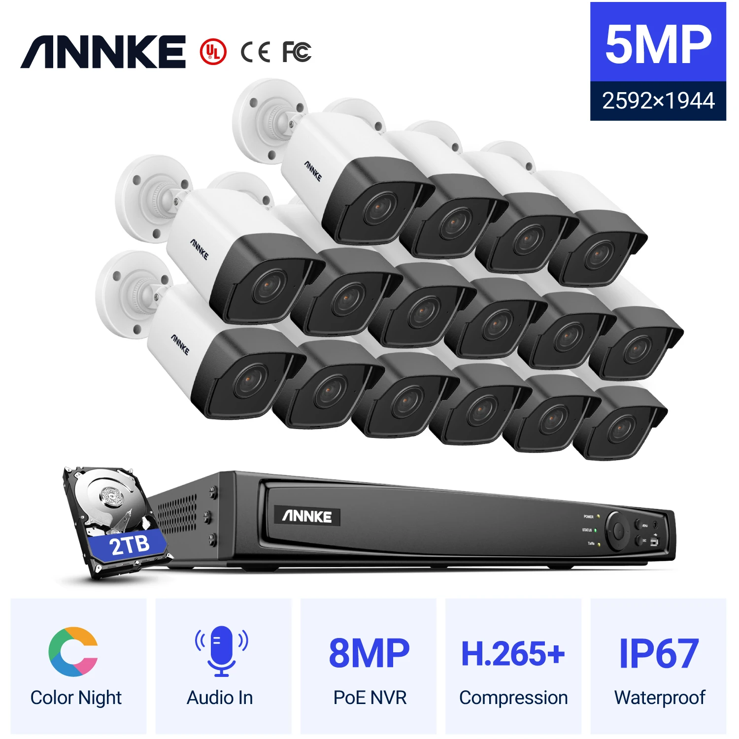 Annke H500 16ch 5mp H.265+ Hd Poe Network Video Security System 16pcs Ip67 Outdoor Bullet Poe Ip ...