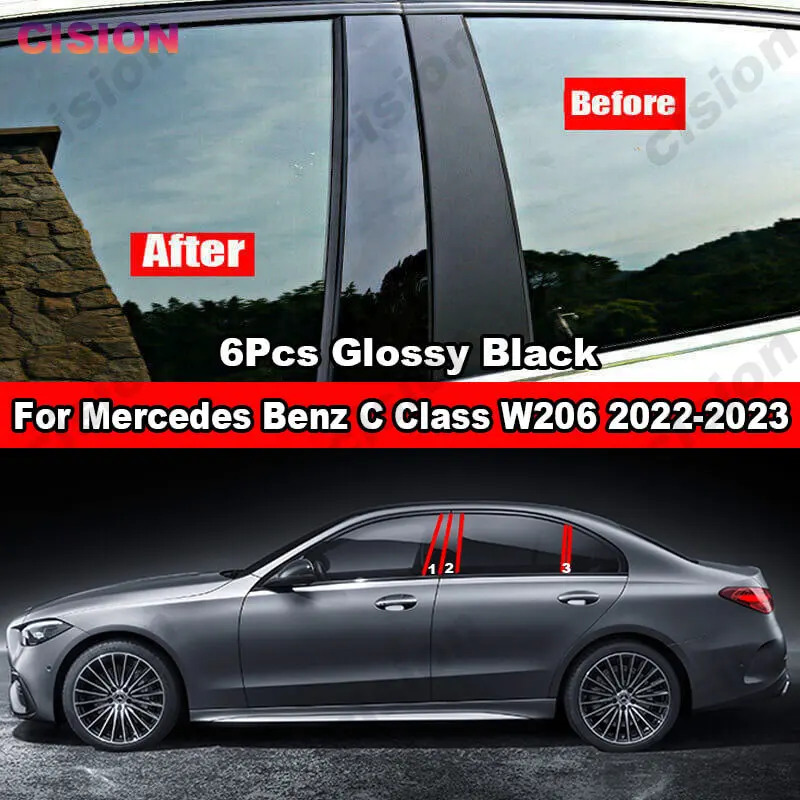 Glossy-Black-Window-Door-Column-B-C-Pillar-Post-Cover-Trim-For-Mercedes ...
