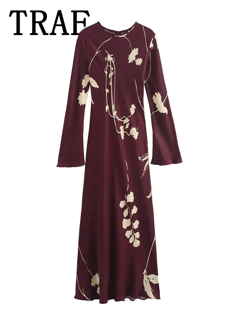 TRAF-vestido-largo-estampado-de-sat-n-para-mujer-vestido-Midi-de-manga ...