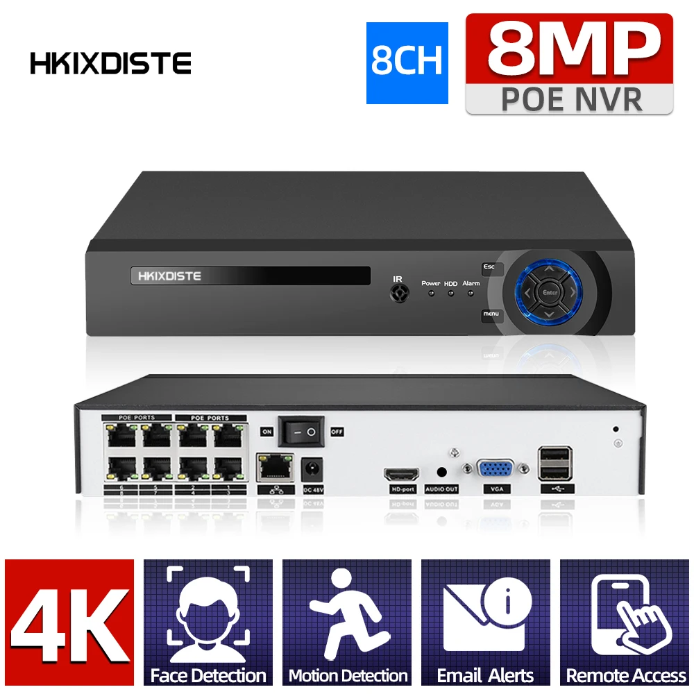 Nvr 8 채널 Poe CCTV 네트워크 비디오 레코더 지원, 8MP IP 카메라 비디오 감시 레코더 4K 보안 카메라 Nvr ...