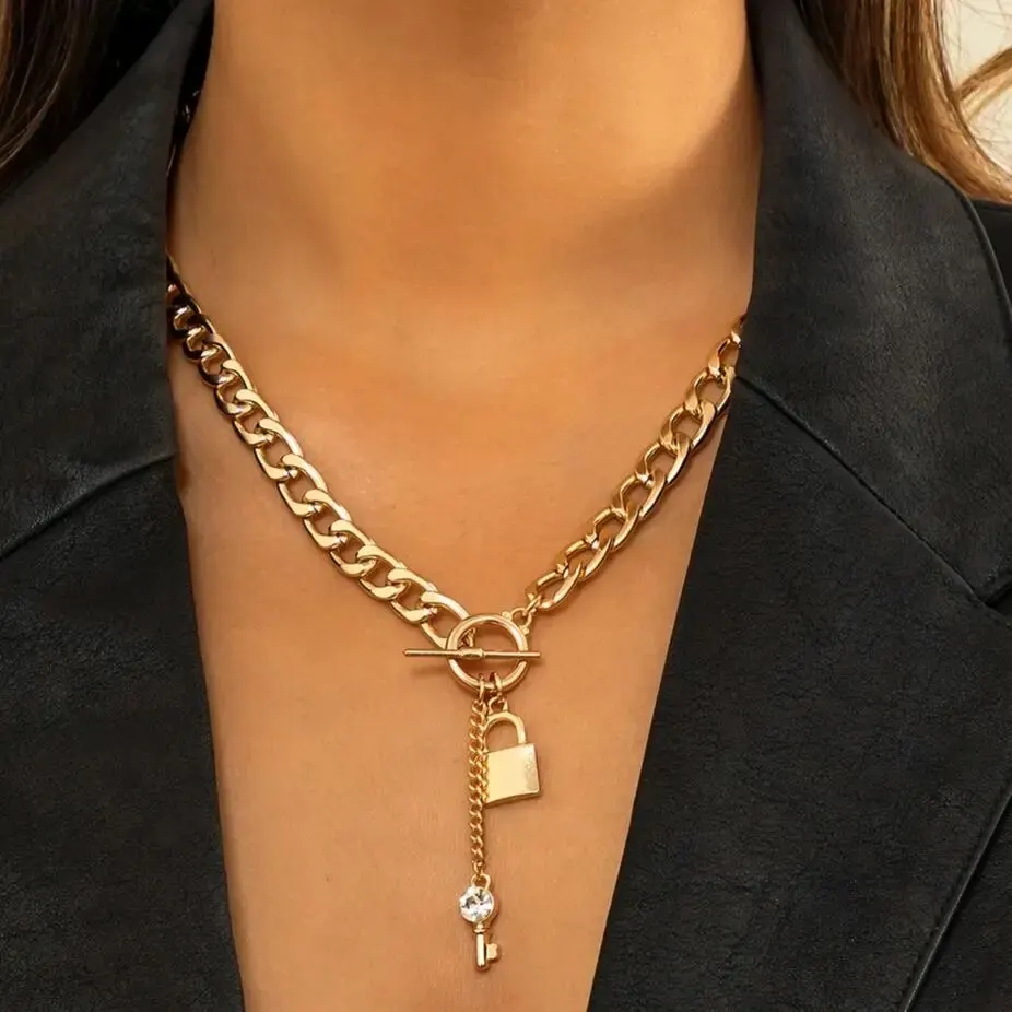 High-Quality-Vintage-Lock-Rhinestone-Key-Pendant-Choker-Necklace-for ...