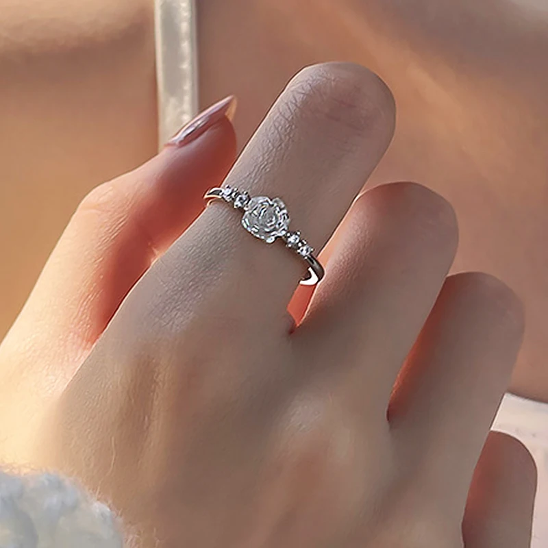 Fashion-Silvery-Color-Flower-Rings-For-Woman-Wedding-Couple-Zirconium ...