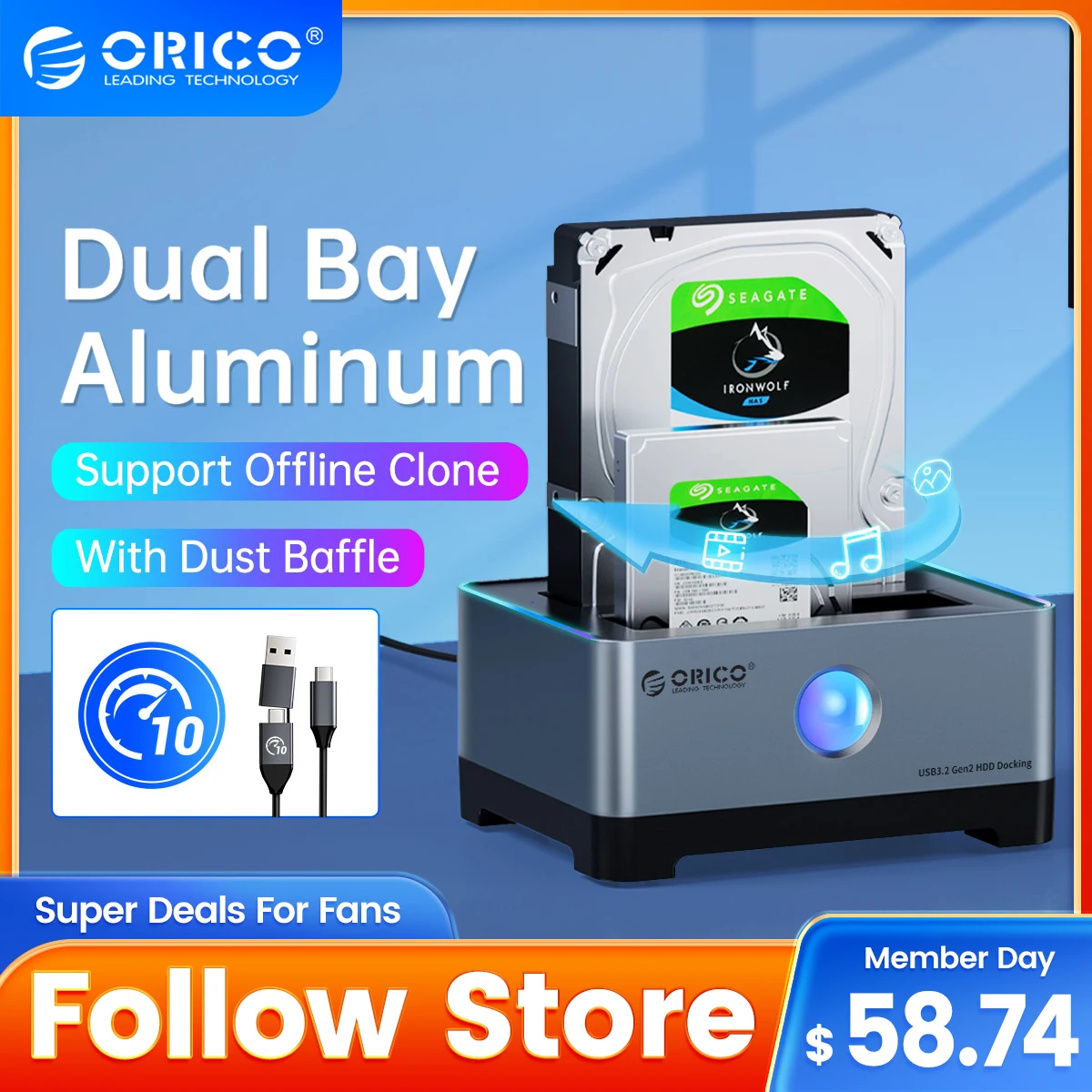 ORICO Offline Clone 2 Bay HDD Enclosure Type-C 10Gbps Aluminum Hard ...