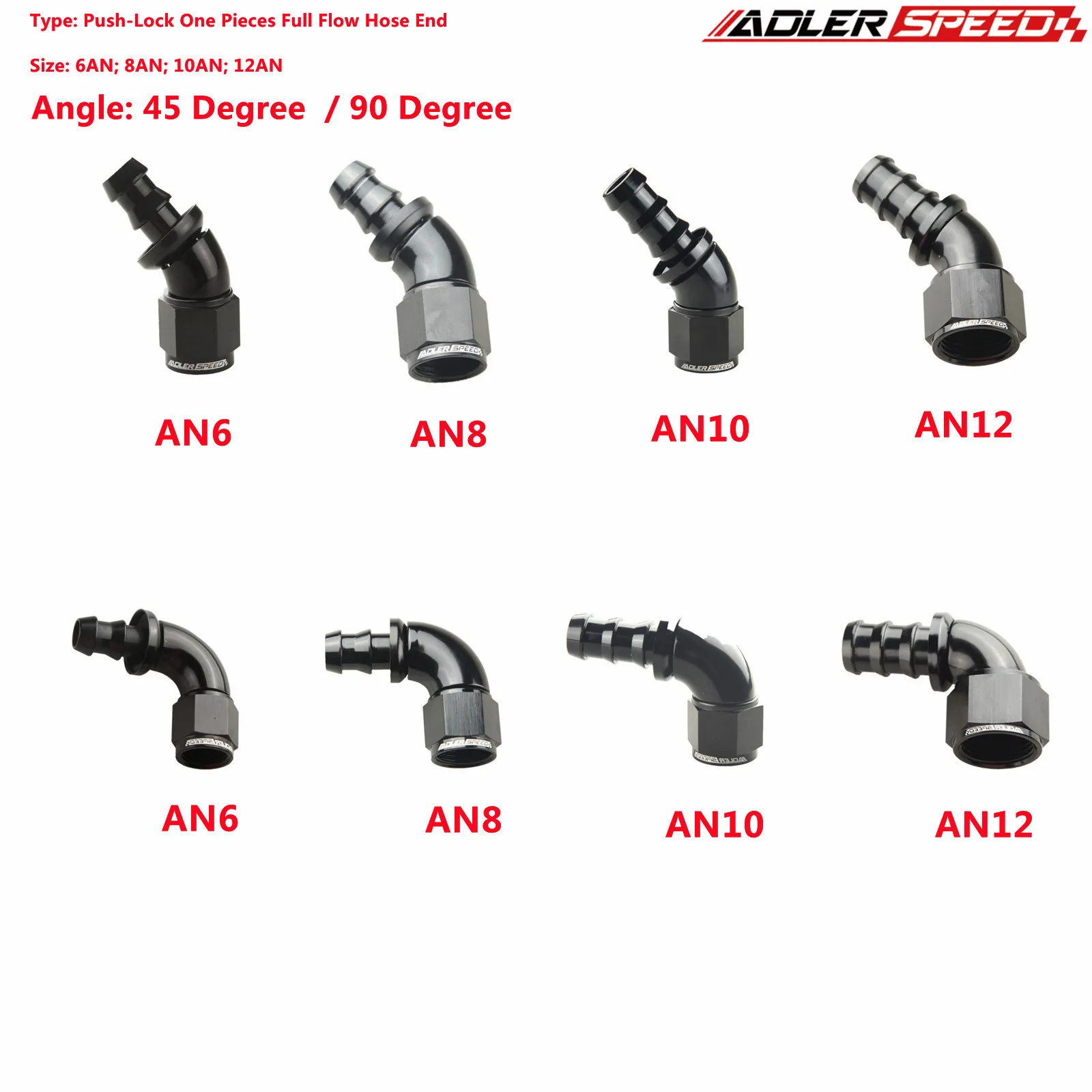 Universal 45 Degree /90 Degree Full Flow 6AN 8AN 10AN 12AN Push Lock Hose End Fitting Black