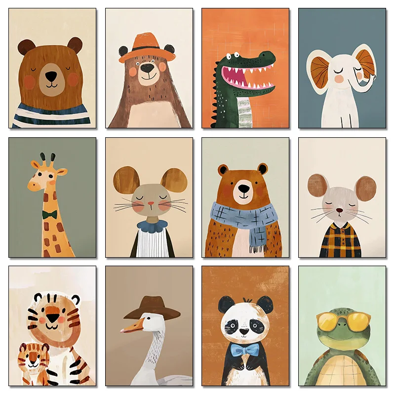 Funny Cute Cartoon Animals Minimalist Nordic Posters Prints Canvas ...