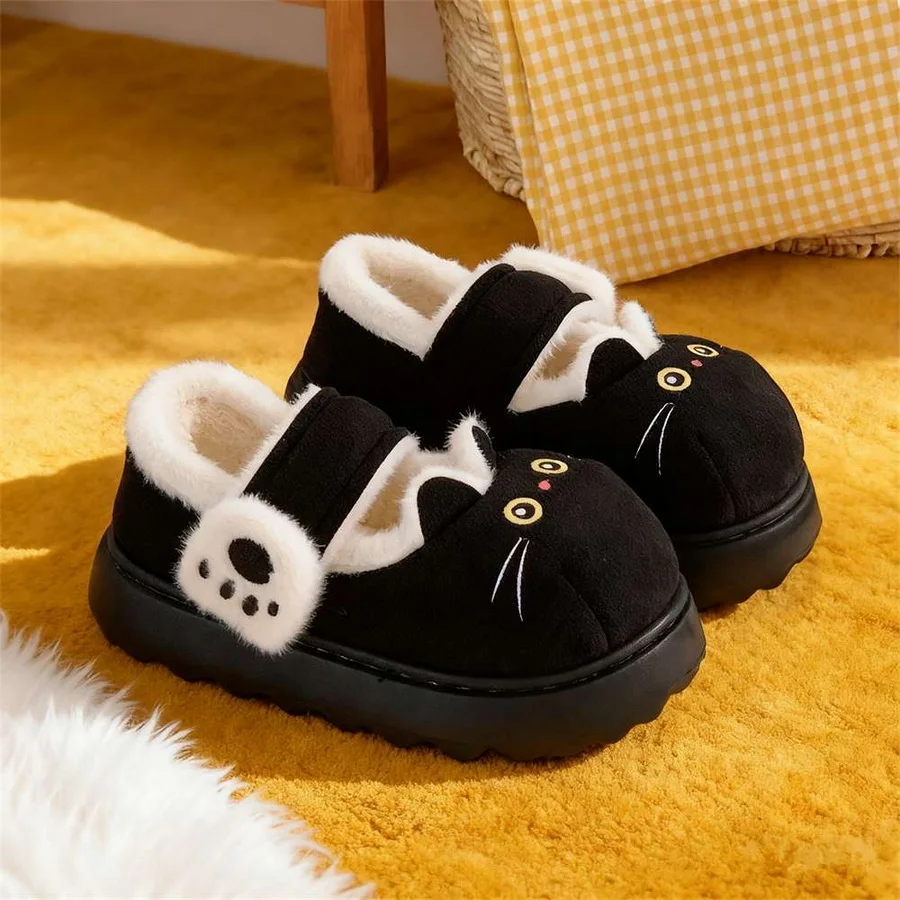 New fuzzy black cat shoes hook loop winter slippers for women indoor ...