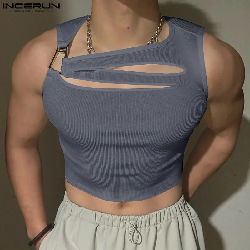 INCERUN 2025 Men Tank Tops Hollow Out Solid Color Sleeveless Male Vests ...
