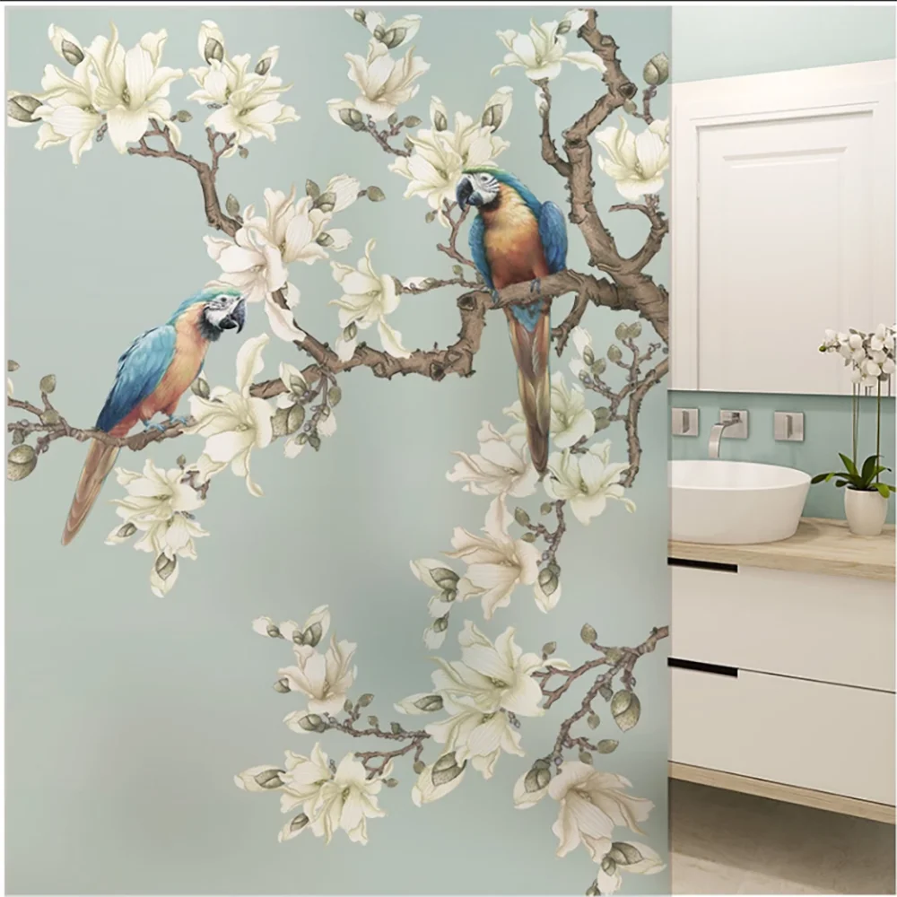 Privacy-Window-Film-blue-Flower-Birds-Pattern-No-Glue-Window-Treatments ...