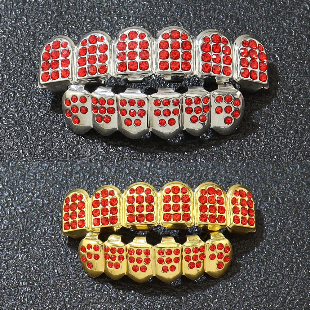 RACHELZ Hip Hop Shiny Zircon Teeth Grillz Top Bottom Red Crystal Tooth ...