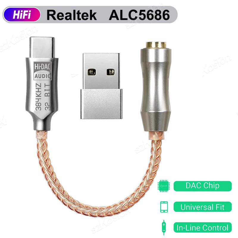 USB Type C to 3.5mm Audio Interface ALC5686 HiFi DAC Headphone ...