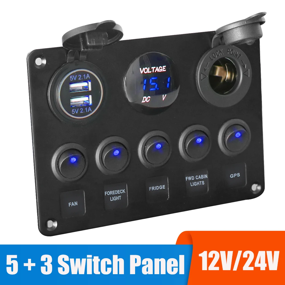 12V-24V-5-Button-LED-Switch-Panel-Light-Toggle-USB-Chargers-3-0-Volt ...