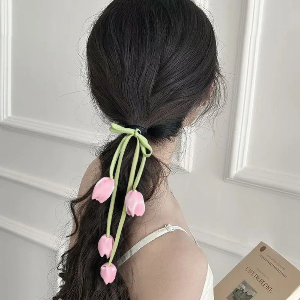 Sweet Tassels Tulip Hair Rope Cloth Bowknot Flower Hair Ring Hair ...