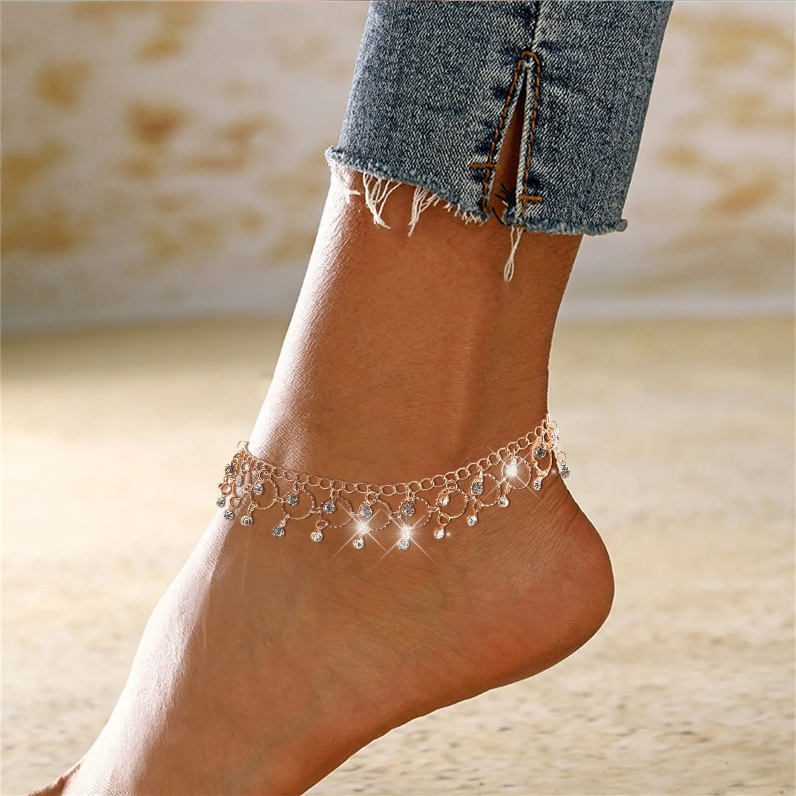 Anklet-Stainless-Steel-Boho-Dance-Rhinestone-Ring-Pendant-Single-Layer ...