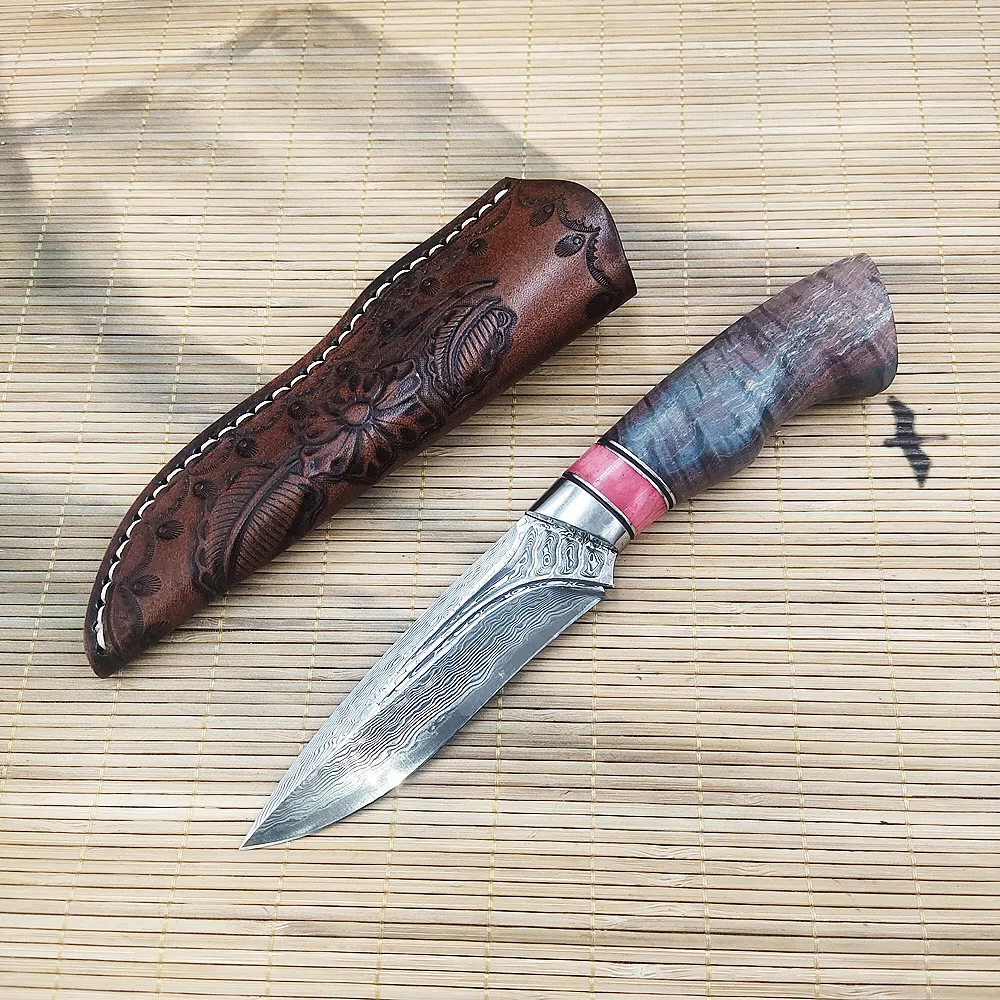 Damascus-Steel-Fixed-Blade-Knife-Cured-Wood-Handle-Hunting-Tactical ...