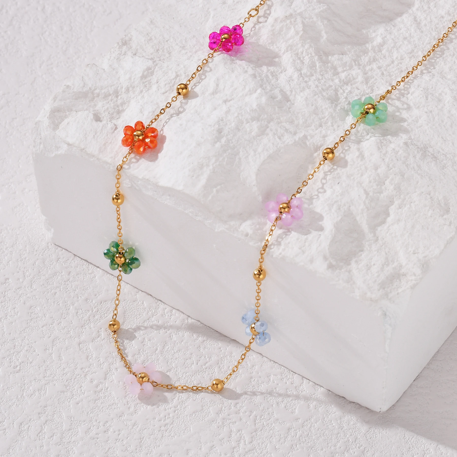 Elegant-Colorful-Flower-Bracelet-Necklace-Gold-Color-Beads-Chain-Choker ...